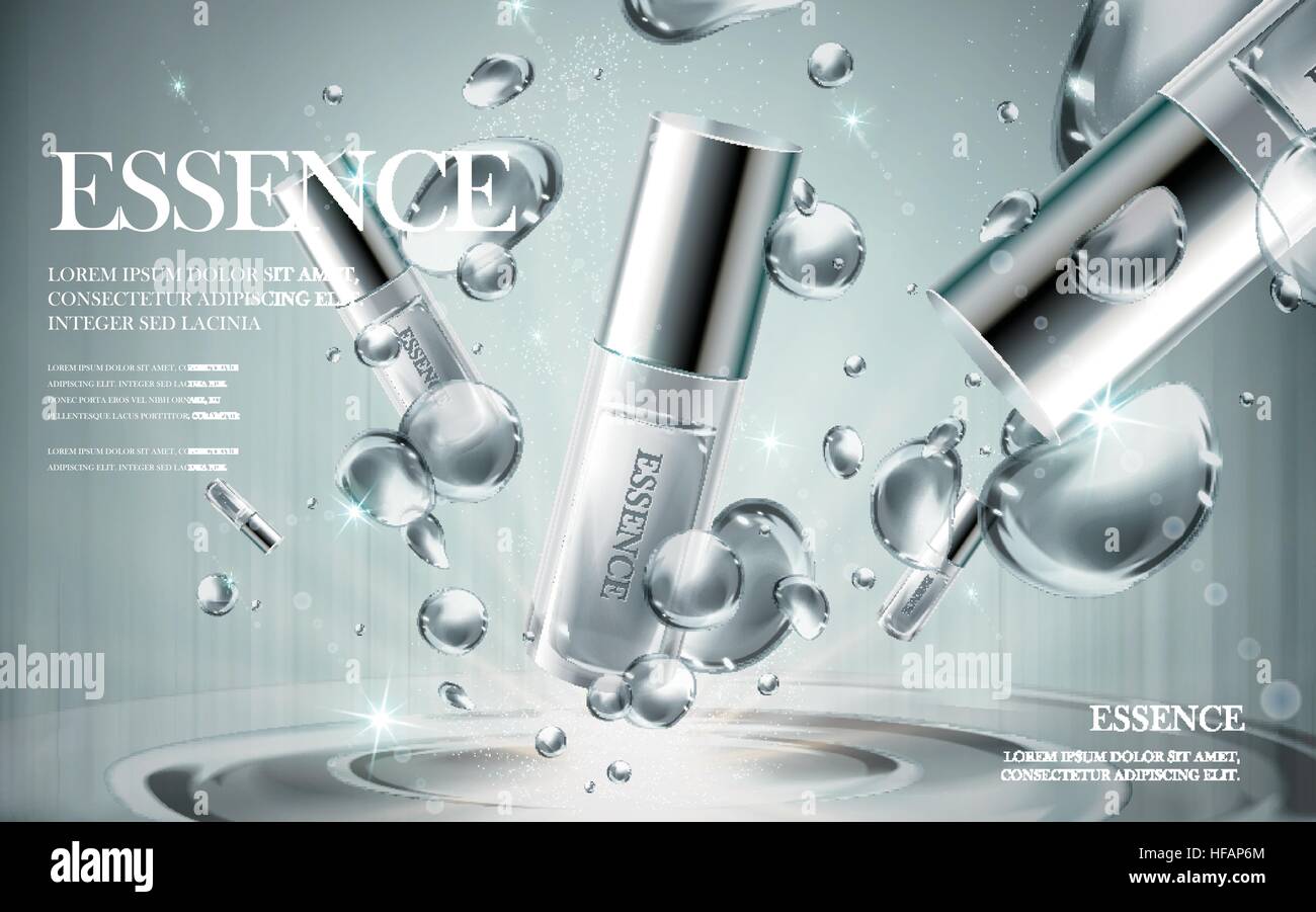essence contained in silver bottles, with bubble background, 3d ...