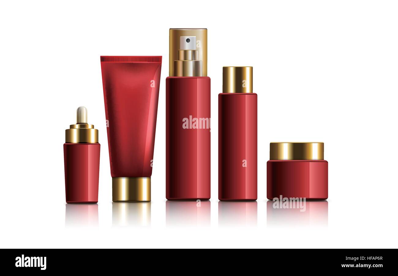 five different red cosmetic containers, 3d illustration Stock Vector ...
