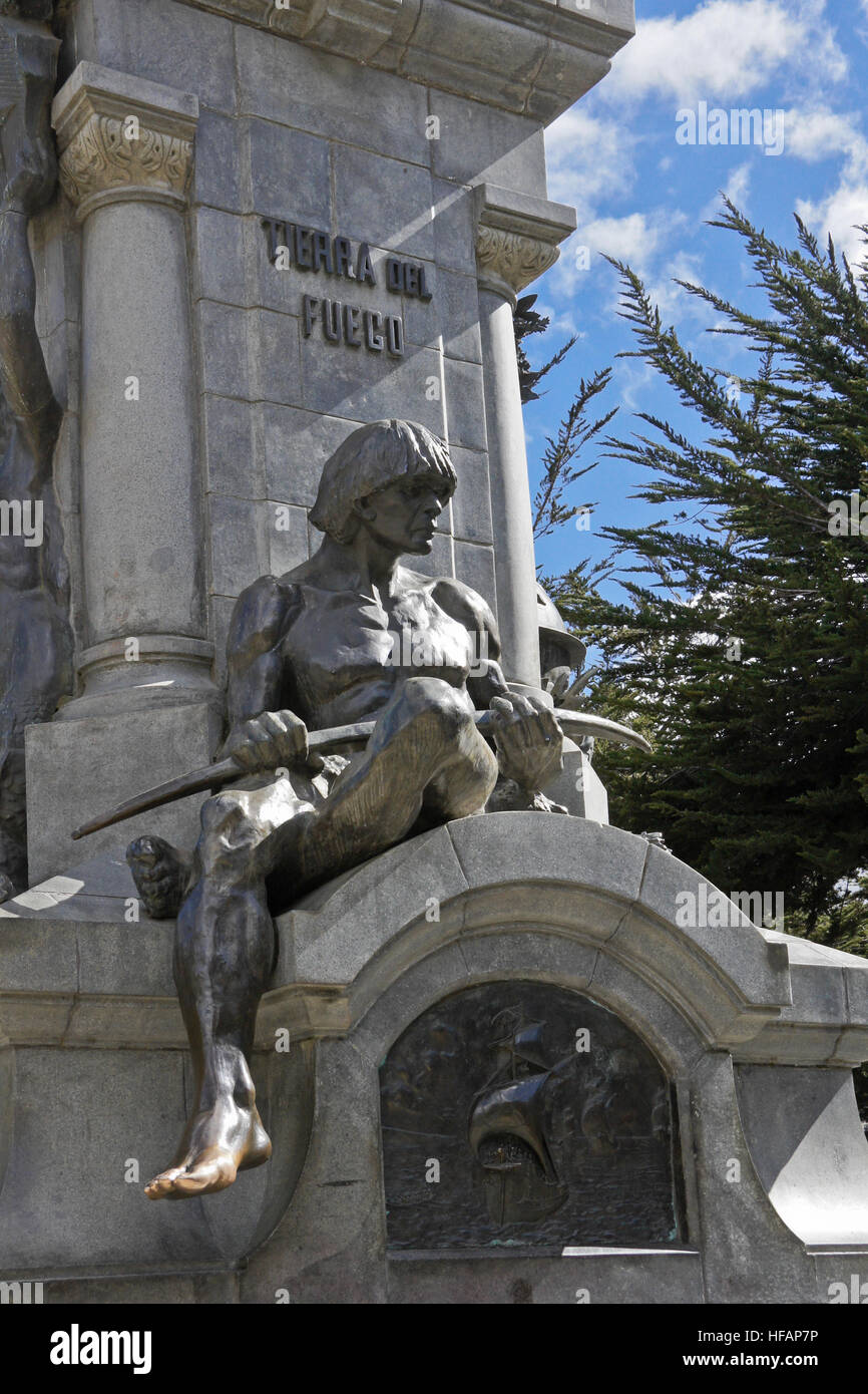 Sculpture of indigenous Ona from Tierra del Fuego on Ferdinand Magellan ...