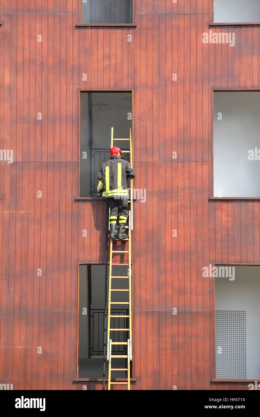 fireman climbs up the ladder during a training exercise Stock Photo - Alamy