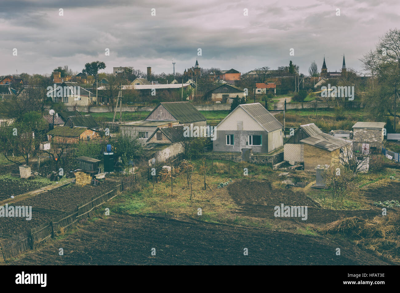 Old film stylized photo of rural village in central Ukraine Stock Photo ...