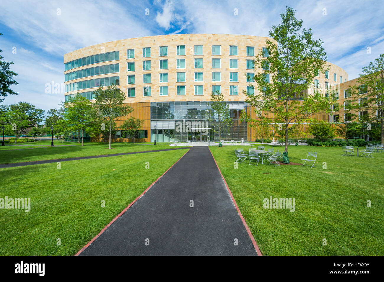 Walkway and Tata Hall, at Harvard Business School, in Boston ...