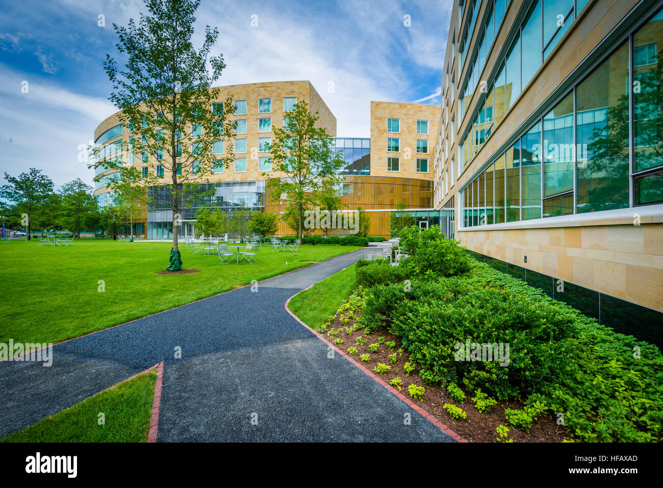 Walkway and Tata Hall, at Harvard Business School, in Boston ...