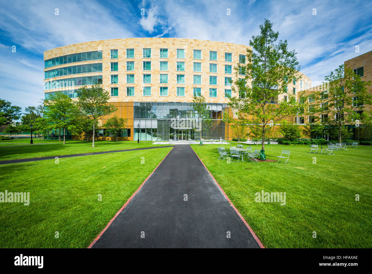 Walkway and Tata Hall, at Harvard Business School, in Boston ...