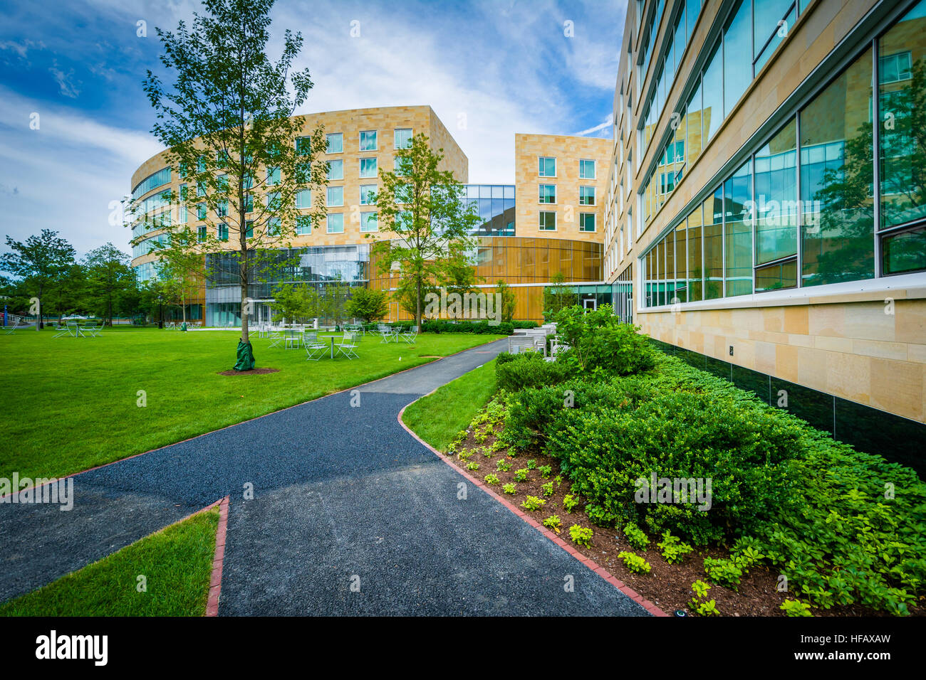 Walkway and Tata Hall, at Harvard Business School, in Boston ...