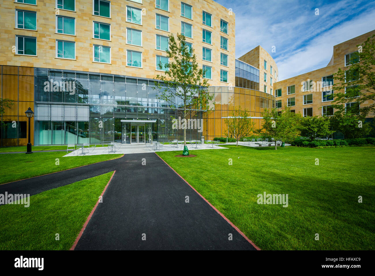 Walkway and Tata Hall, at Harvard Business School, in Boston ...