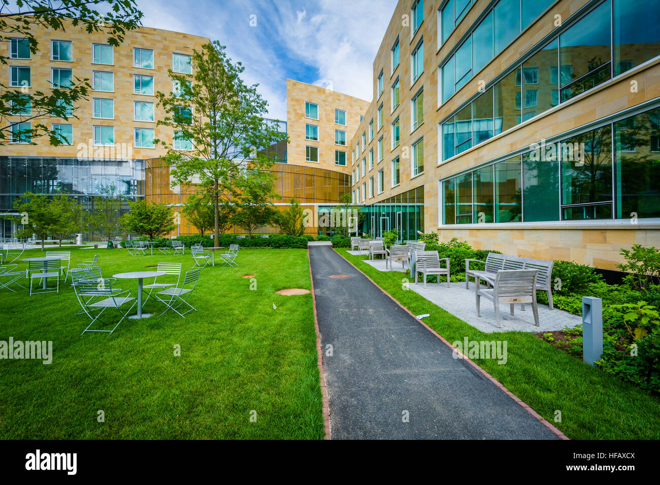 Walkway and Tata Hall, at Harvard Business School, in Boston ...