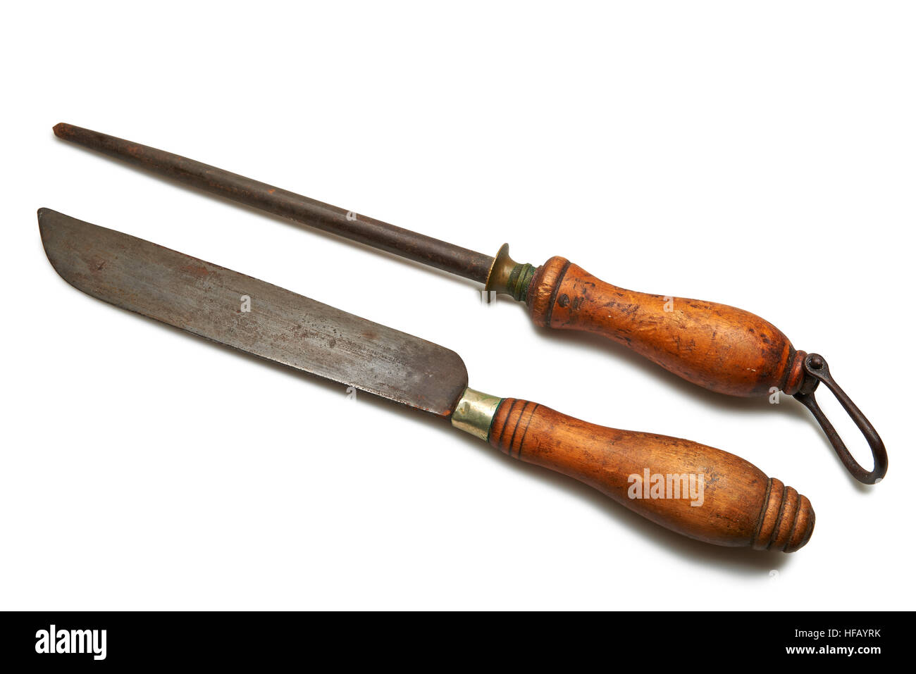 Butchery knife and sharpening stick isolated on white background Stock ...