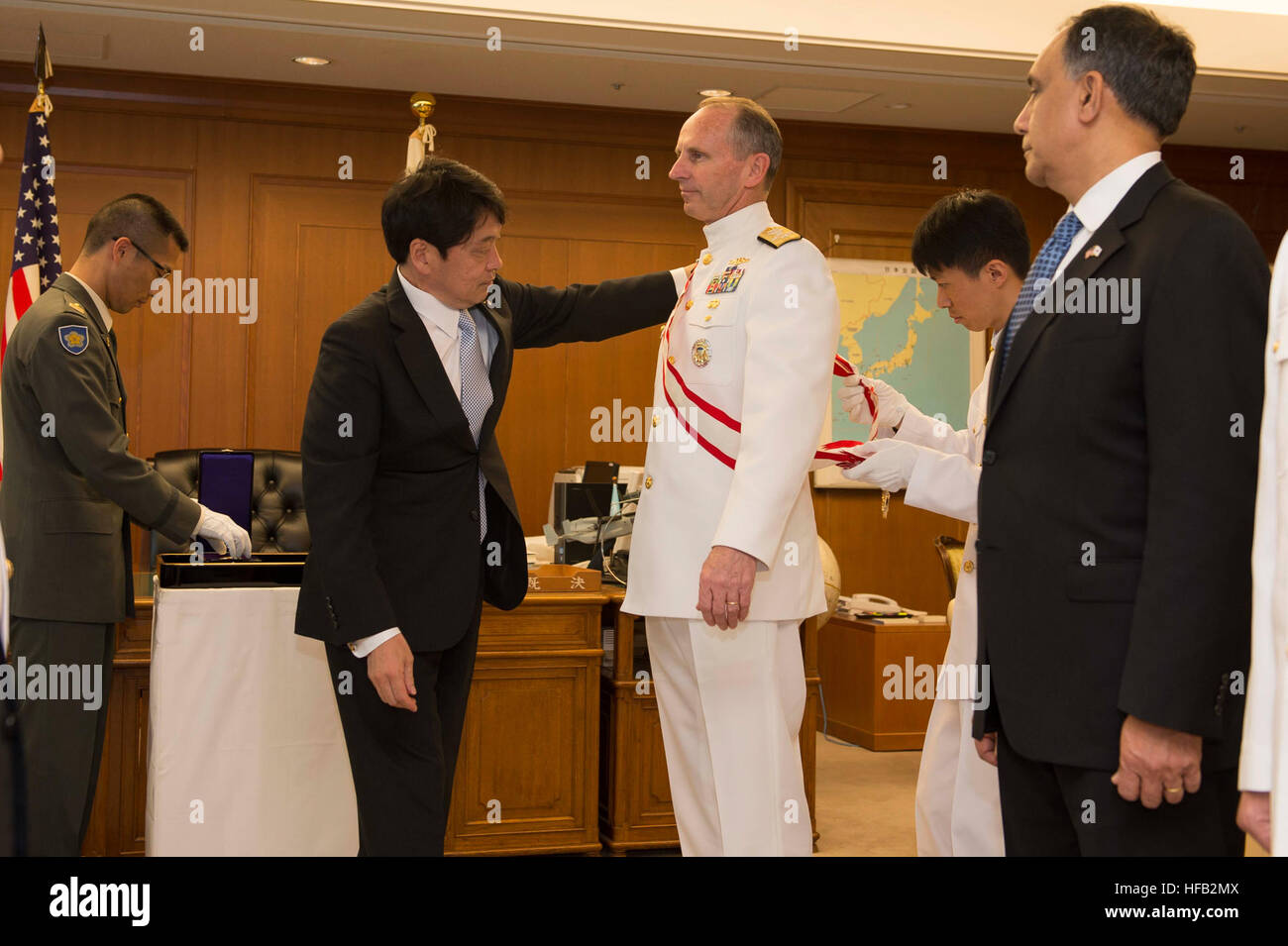 Japan Minister of Defense Itsunori Onodera confers the Grand Cordon of ...