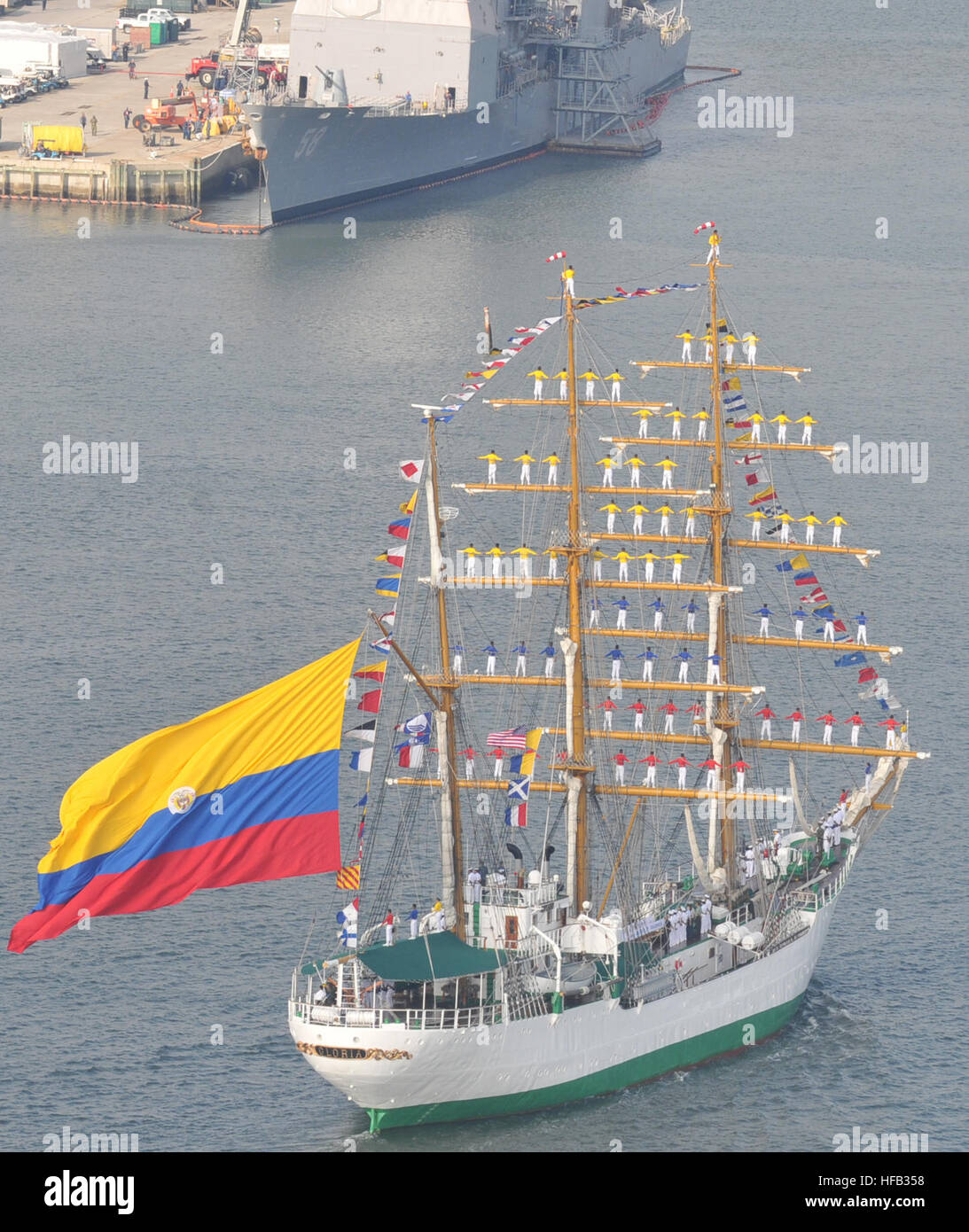 Cadets aboard the Colombian navy training ship ARC Gloria man the masts ...