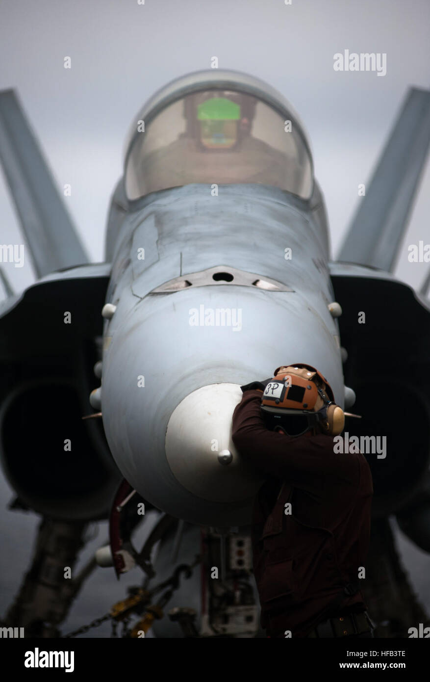 A plane captain leans against an F/A-18C Hornet assigned to Strike ...