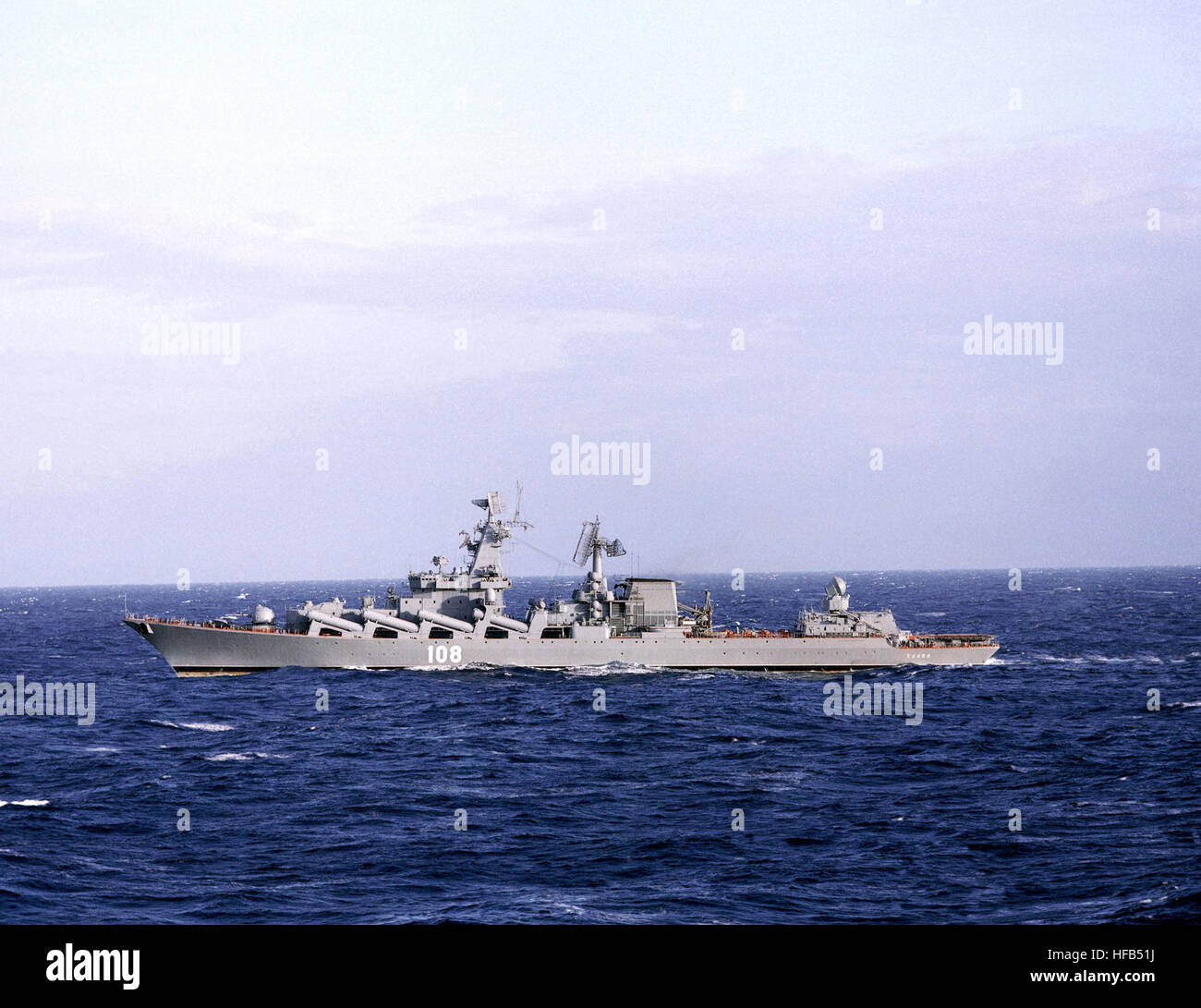 A port beam view of the Soviet guided missile cruiser SLAVA underway ...