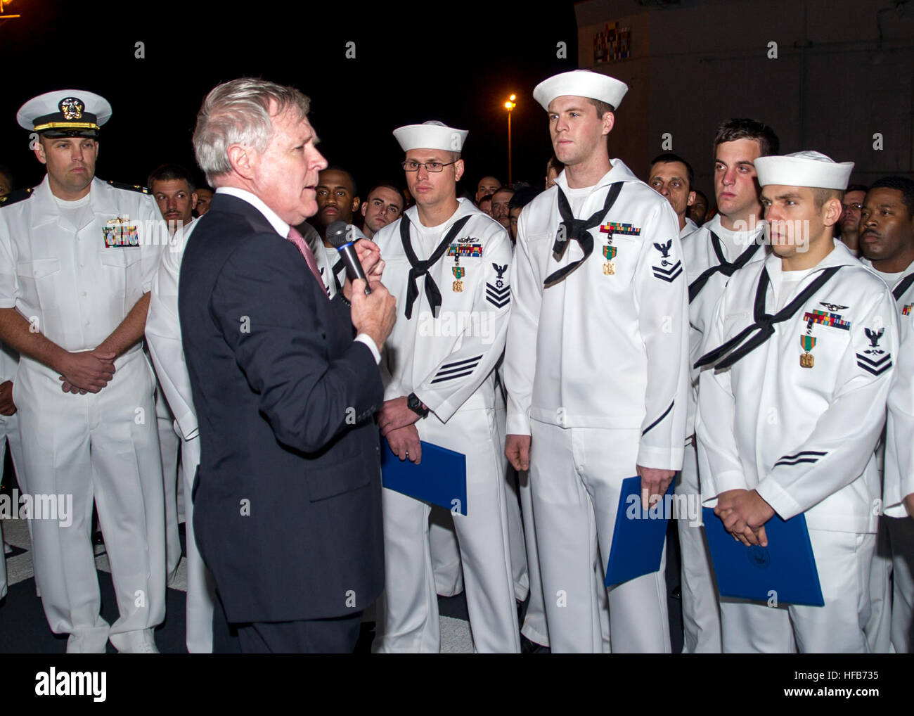 Secretary of the Navy Ray Mabus, second from left, speaks with U.S ...