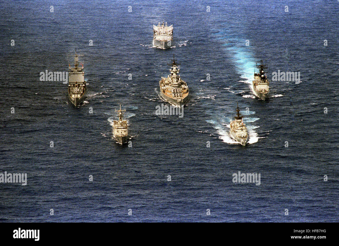 An aerial bow view of the first battleship battle group to deploy to ...