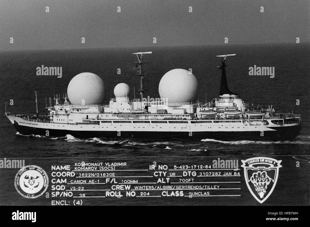 A port beam view of the Soviet space control-monitoring ship KOSMONAUT ...