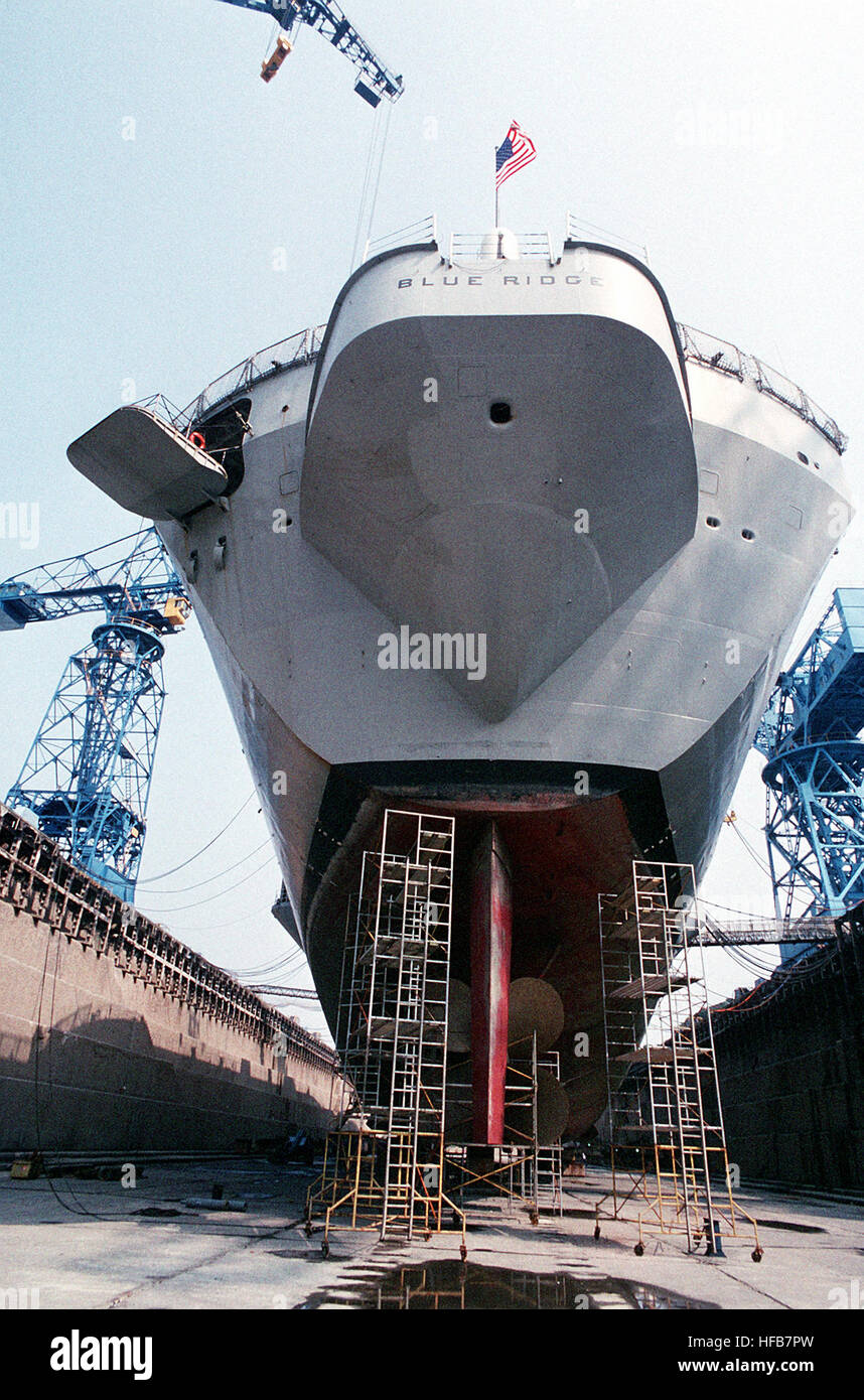 A stern view of the amphibious command ship USS BLUE RIDGE (LCC-19) in ...