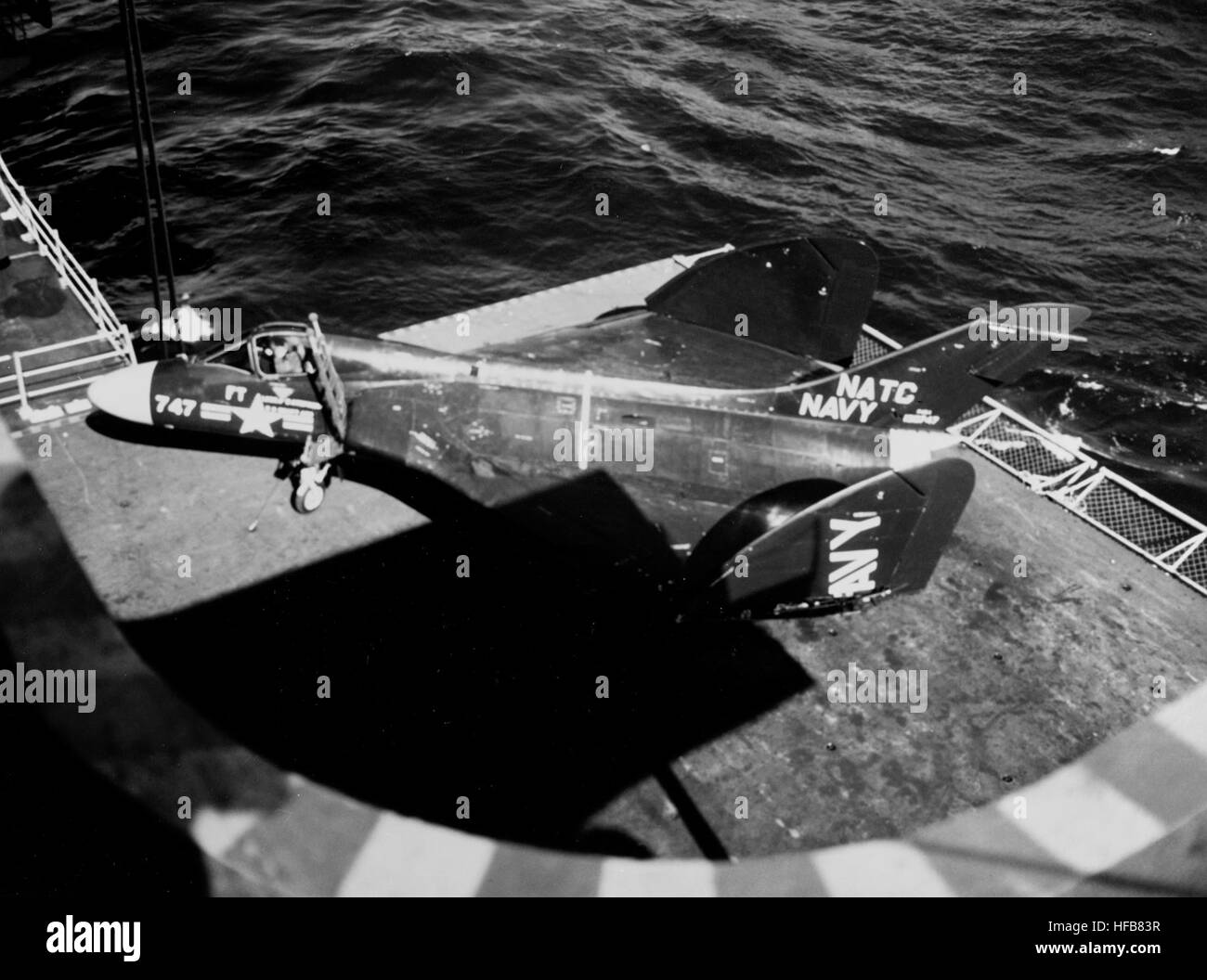 Douglas F4D-1 Skyray on elevator of USS Forrestal (CVA-59) on 19 April ...