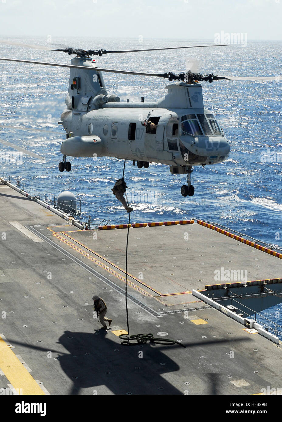 Marines perform fast-rope training exercises from a CH-46E Sea Knight ...