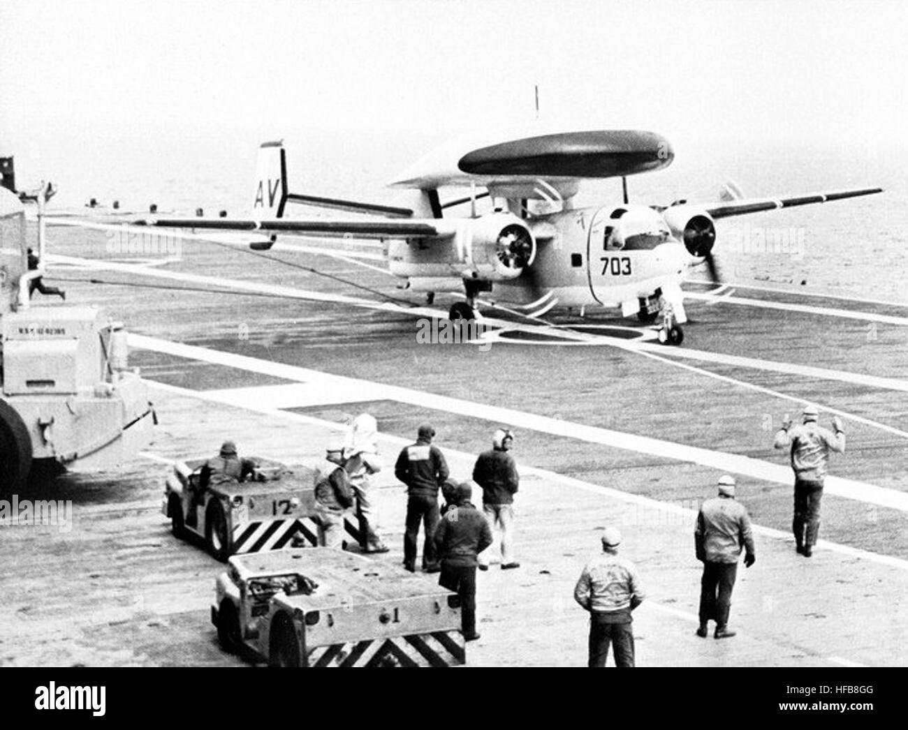 An E-1B Tracer aircraft assigned to VAW-12 lands aboard the aircraft ...