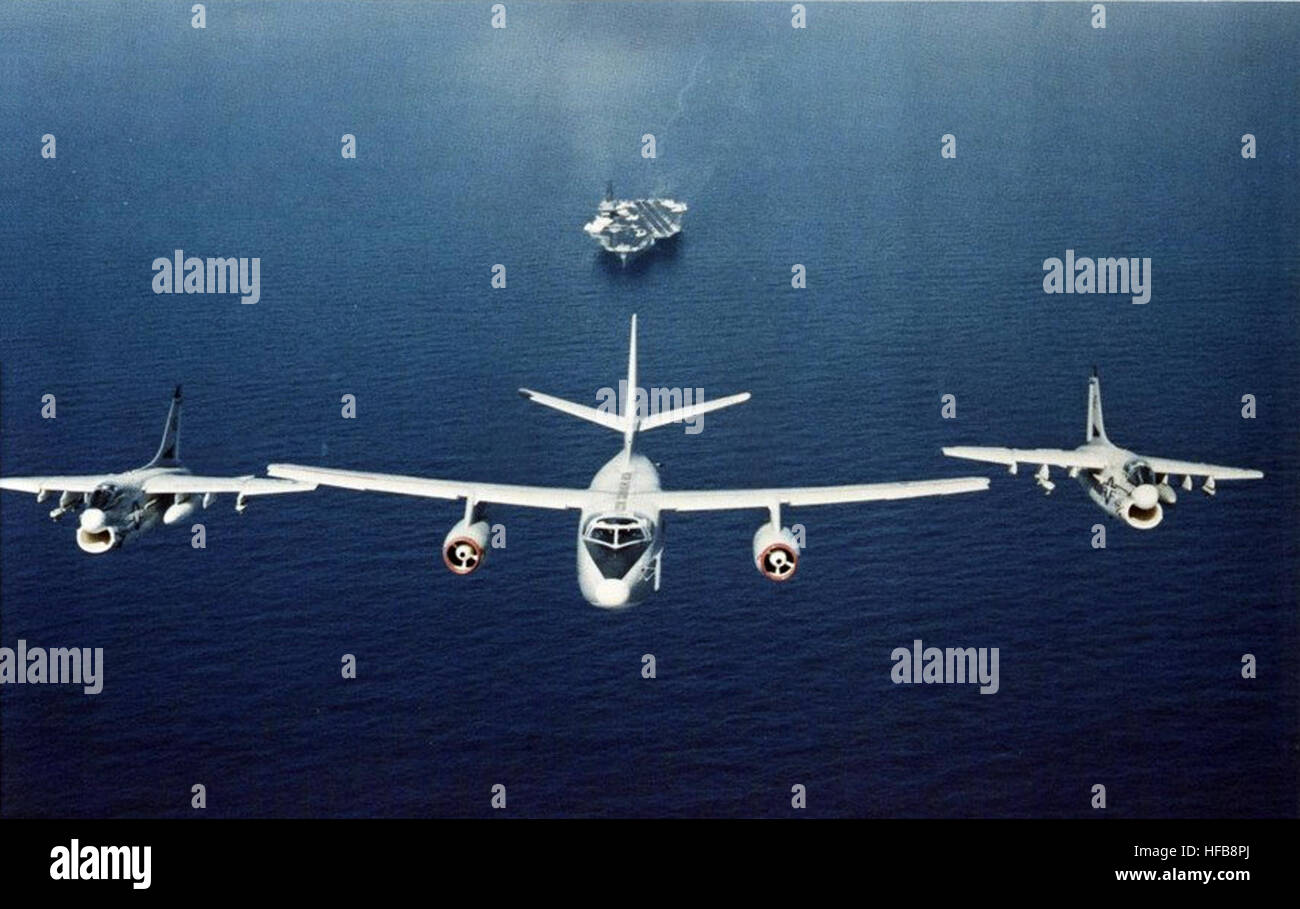 EA-3B VQ-2 and A-7Es VA-72 over USS America (CV-66) c1983 Stock Photo ...