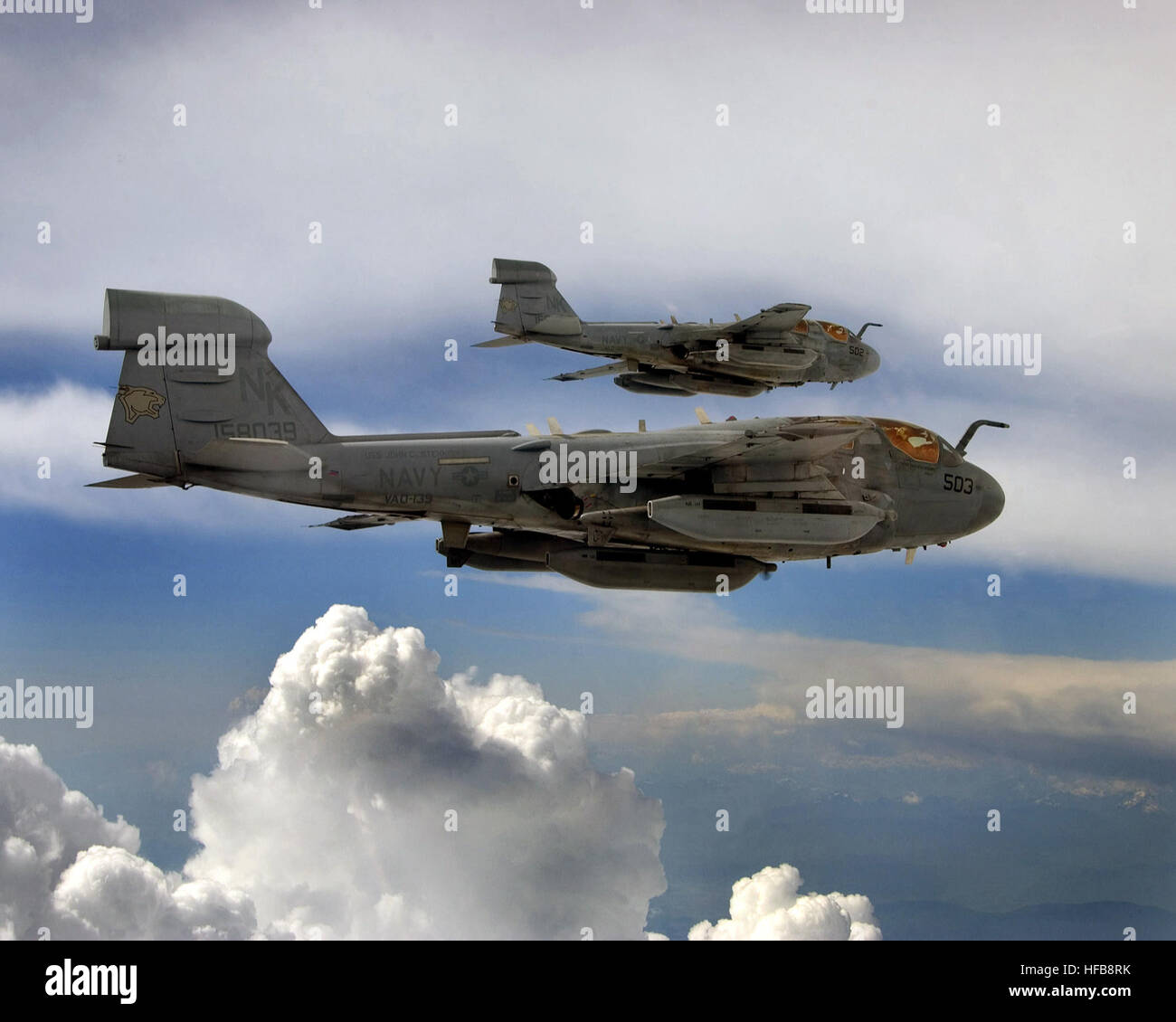 An air-to-air view showing two US Navy (USN) EA-6B Prowler aircraft ...