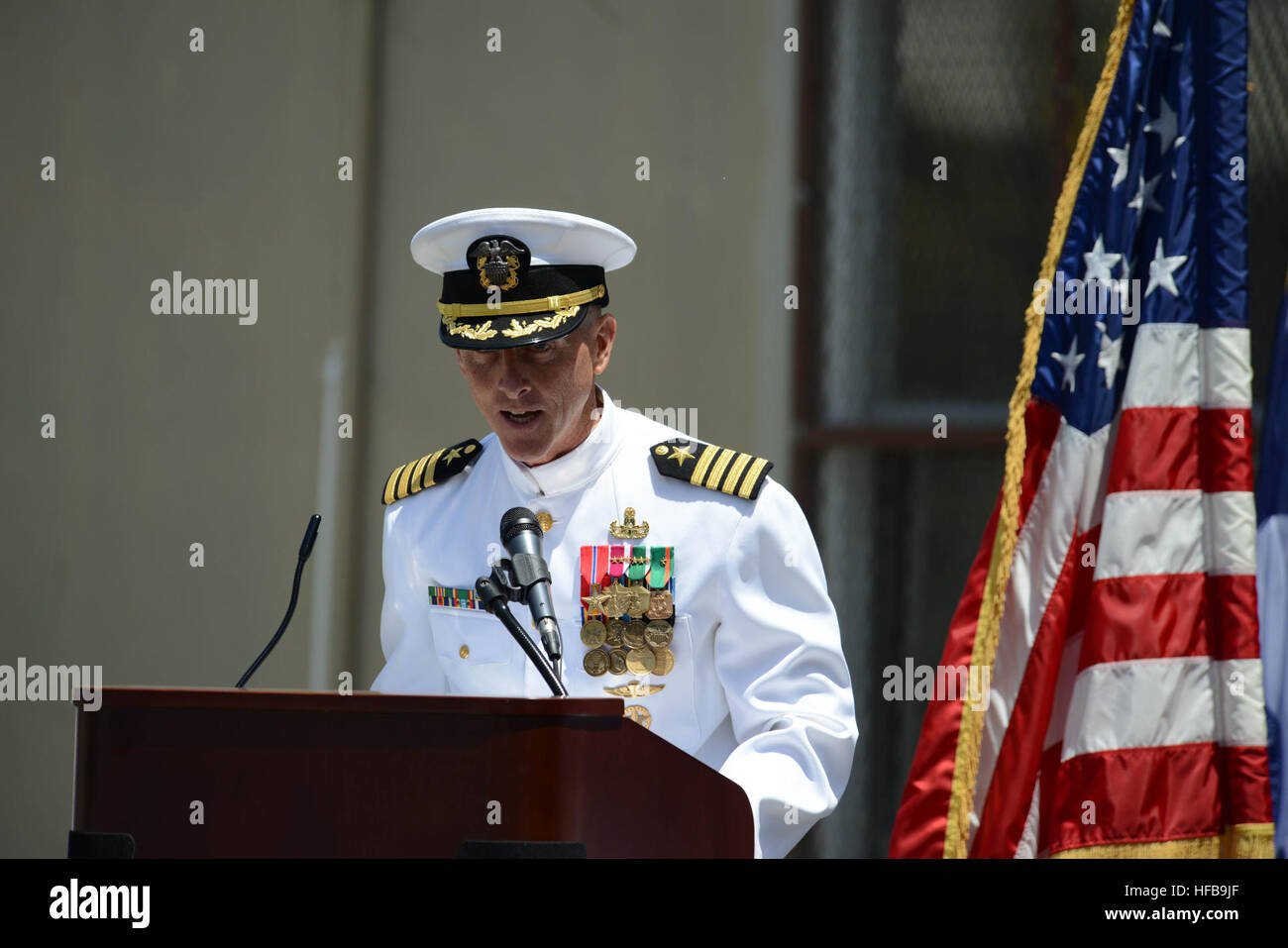 Capt. Robert A. Baughman gives his remarks during a change of command ...