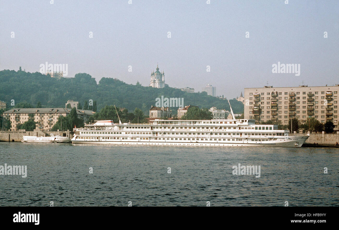 A starboard view of one of the large excursion ships on the Dneiper ...