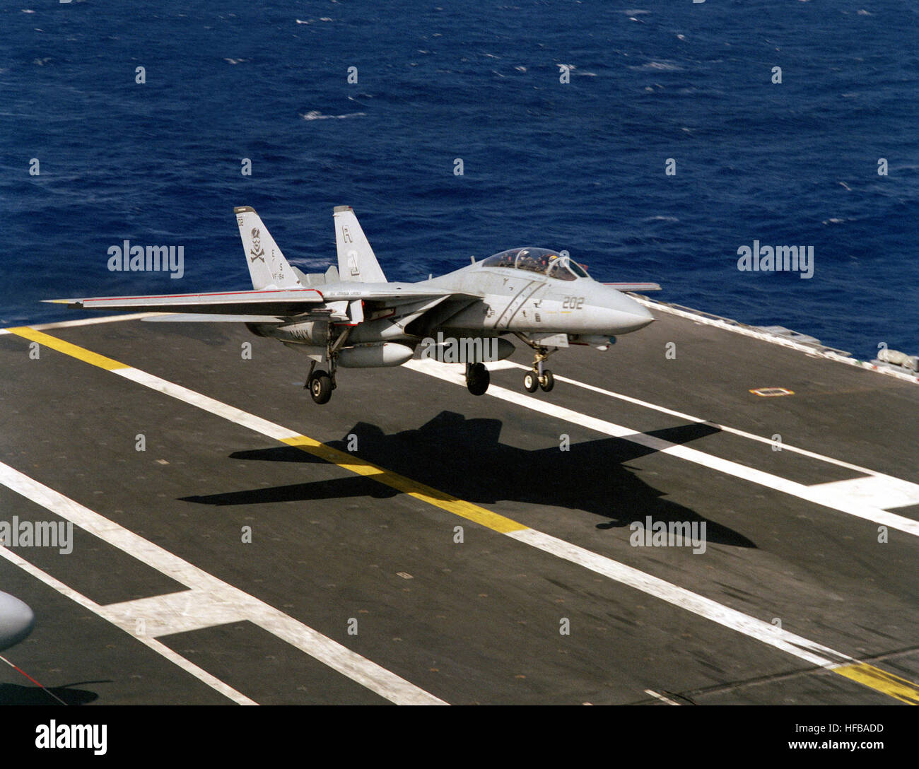 A Fighter Squadron 84 (VF-84) F-14A Tomcat aircraft comes in for an ...