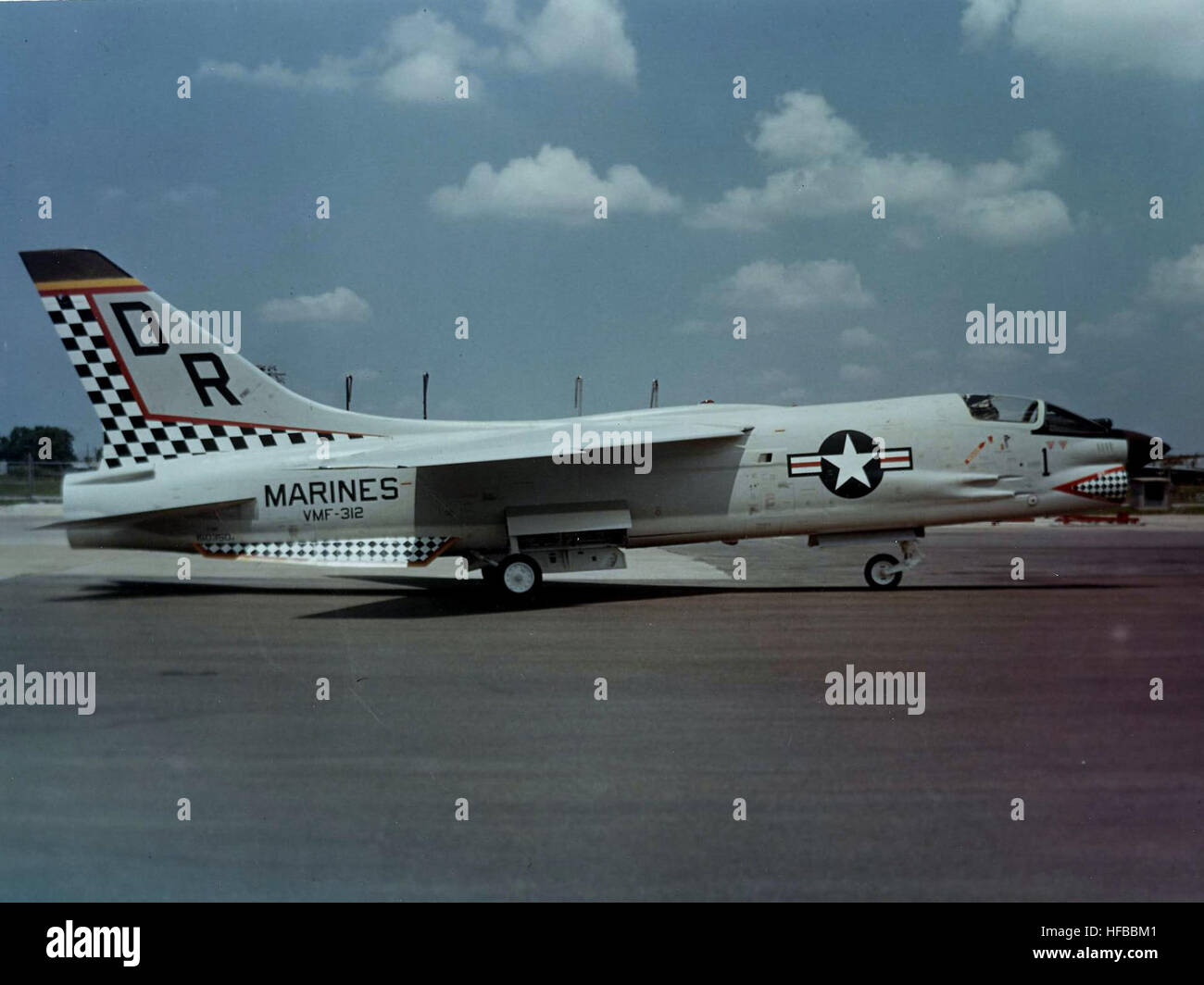 An F-8E Crusader of Marine Fighter Squadron 312 (VMF-312) is parked on ...