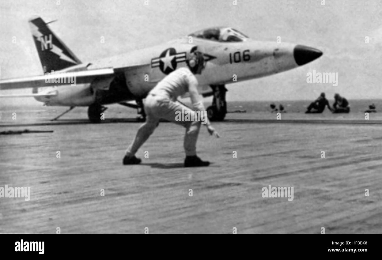 F11F VA-156 on cat of USS Shangri-La (CVA-38) 1958 Stock Photo - Alamy