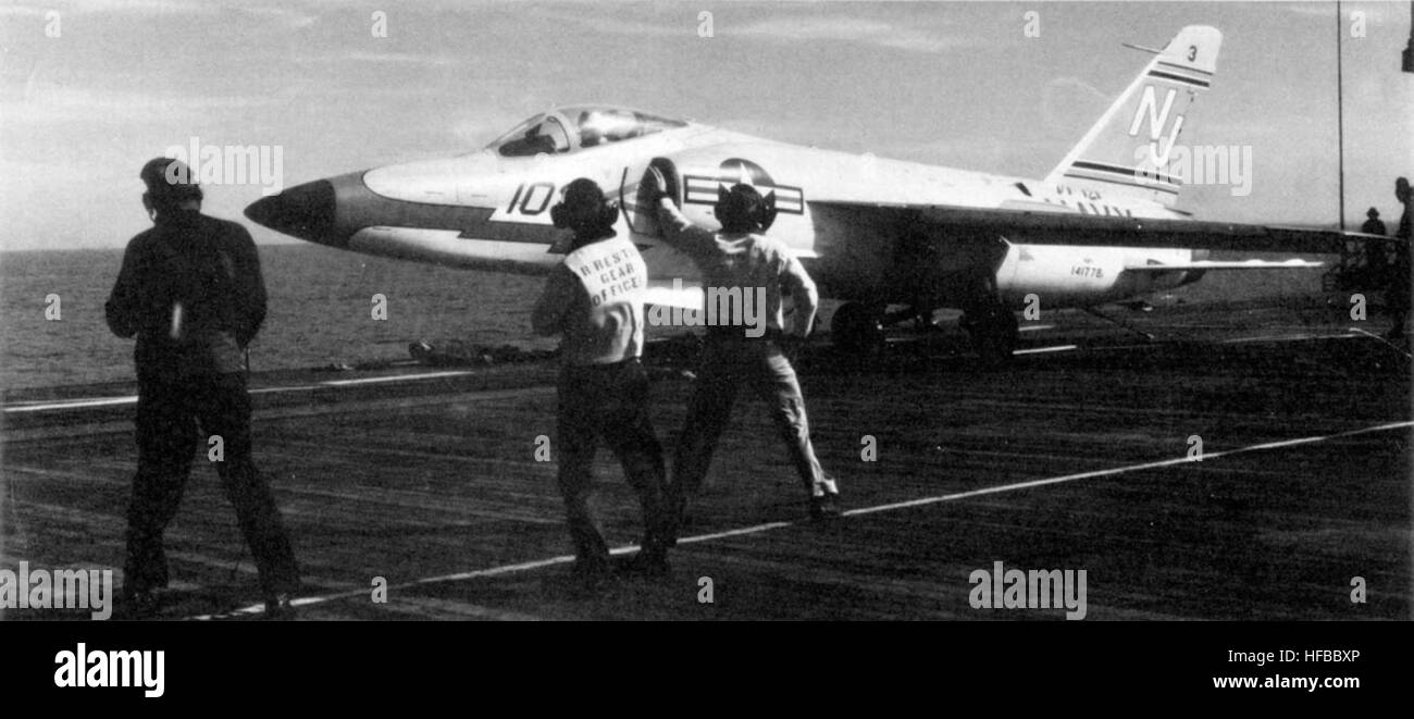 F11F Tiger VF-121 on cat CVA-16 Stock Photo - Alamy