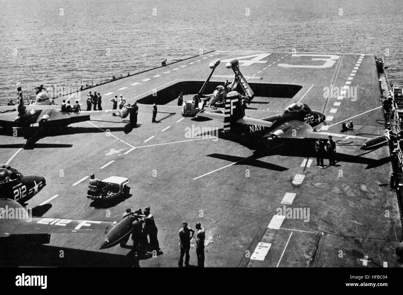 F2H-2 Banshees of VF-62 are launched from USS Coral Sea (CVB-43) in ...