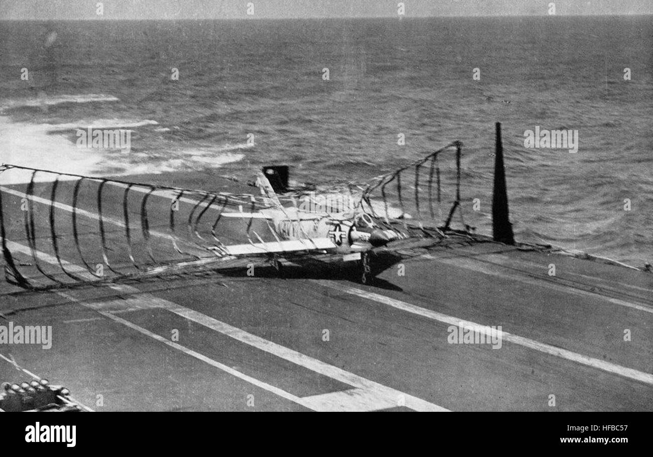 F3H-2 making barrier landing on USS Midway (CVA-41) in 1962 Stock Photo ...