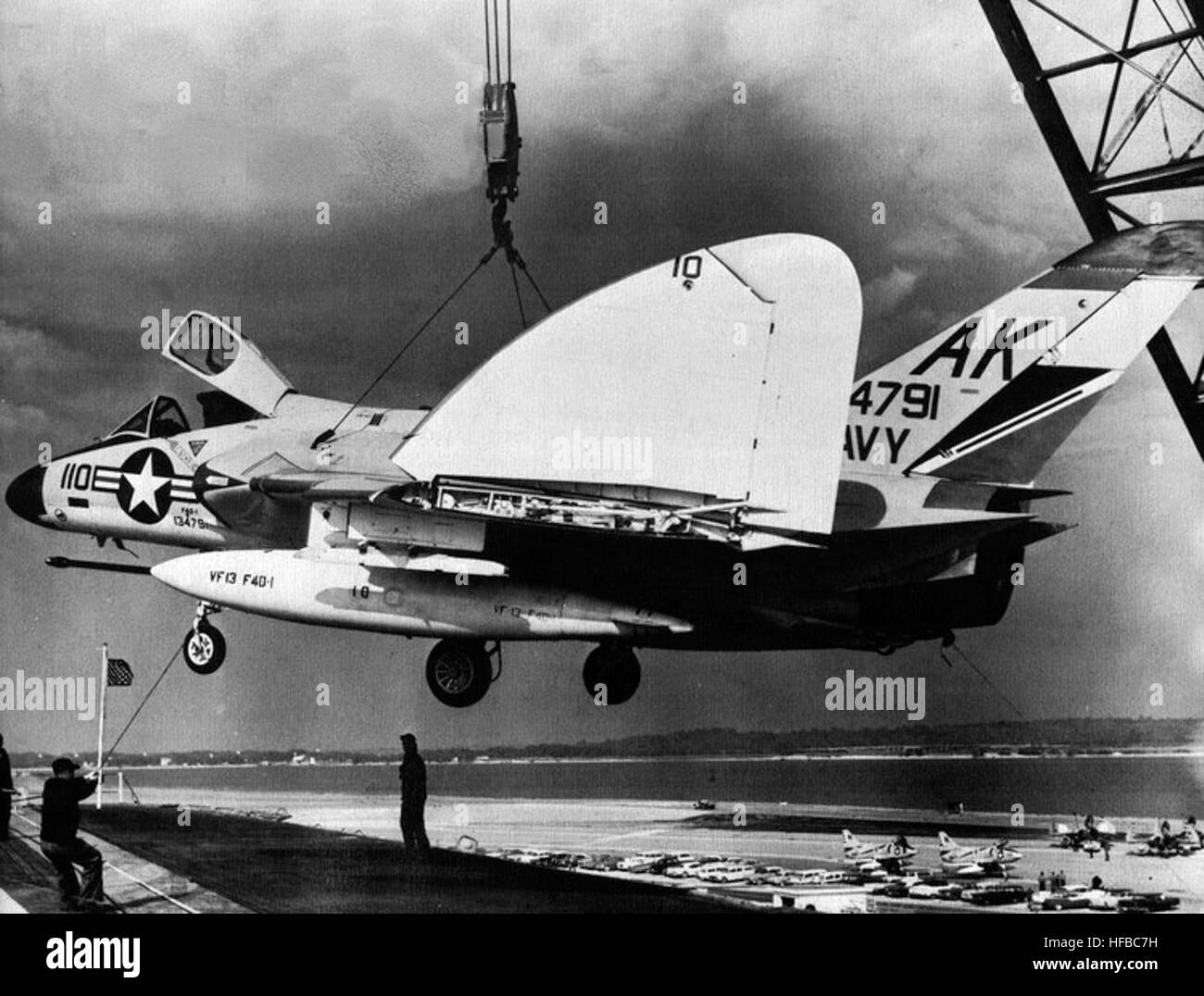 F4D-1 VF-13 being hoisted on USS Shangri-La (CVA-38) 1962 Stock Photo ...