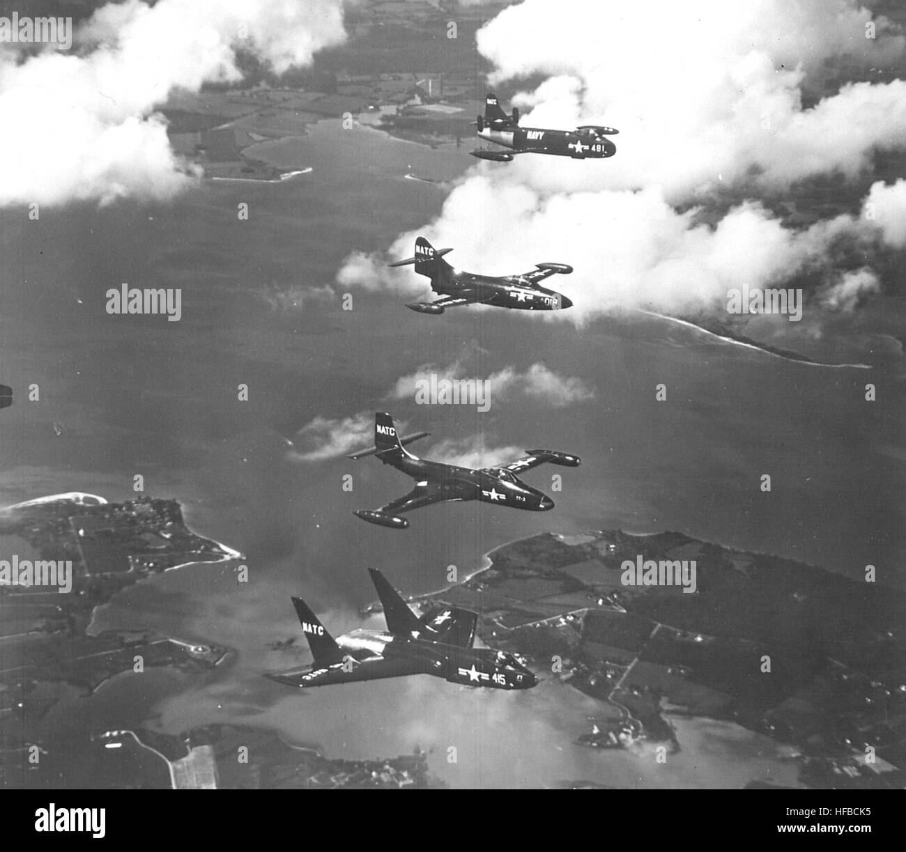 F7U-1 Cutlass in flight with F2H-2 Banshee F9F-2 Panther and F6U-1 ...
