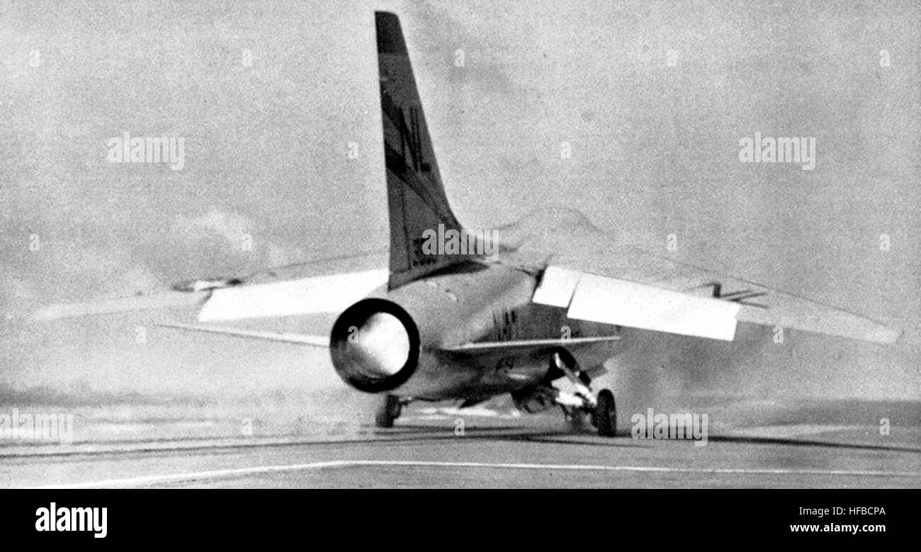F8U-1 of VF-154 taking off from USS Hancock (CVA-19) 1958 Stock Photo ...