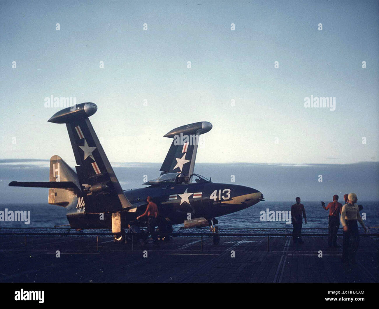 F9F-5 Panther of VF-154 on USS Princeton (CVA-37) in May 1953 Stock ...