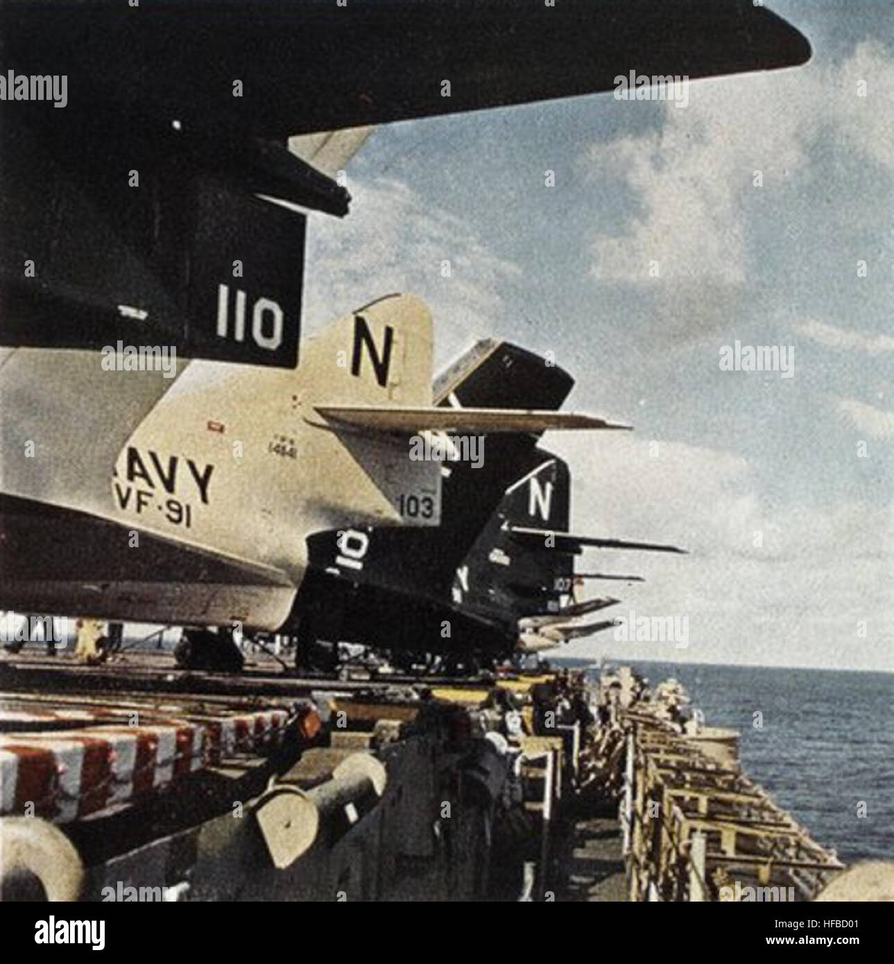 F9F-8 Cougar tails of VF-91 on USS Kearsarge (CVA-33) c1956 Stock Photo ...