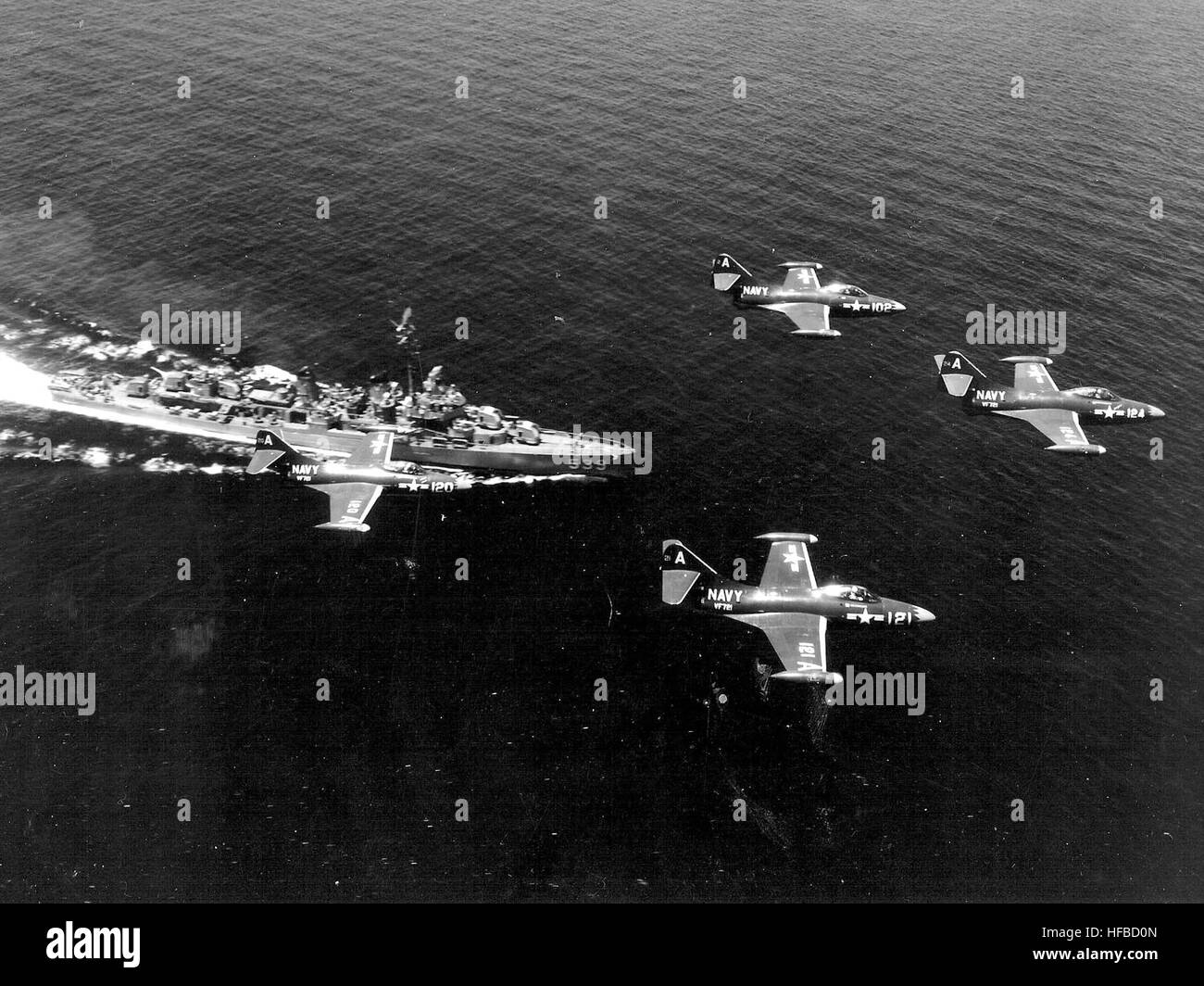 F9F Panther jets from Fighter Squadron VF-721 fly over USS Tingey (DD ...