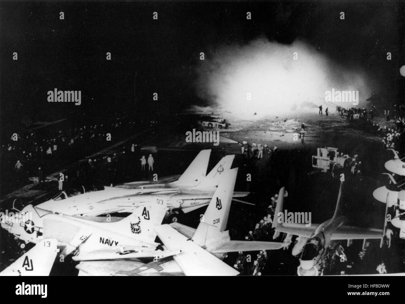 Firefightuing on USS Nimitz (CVN-68) after Prowler crash 1981 Stock ...