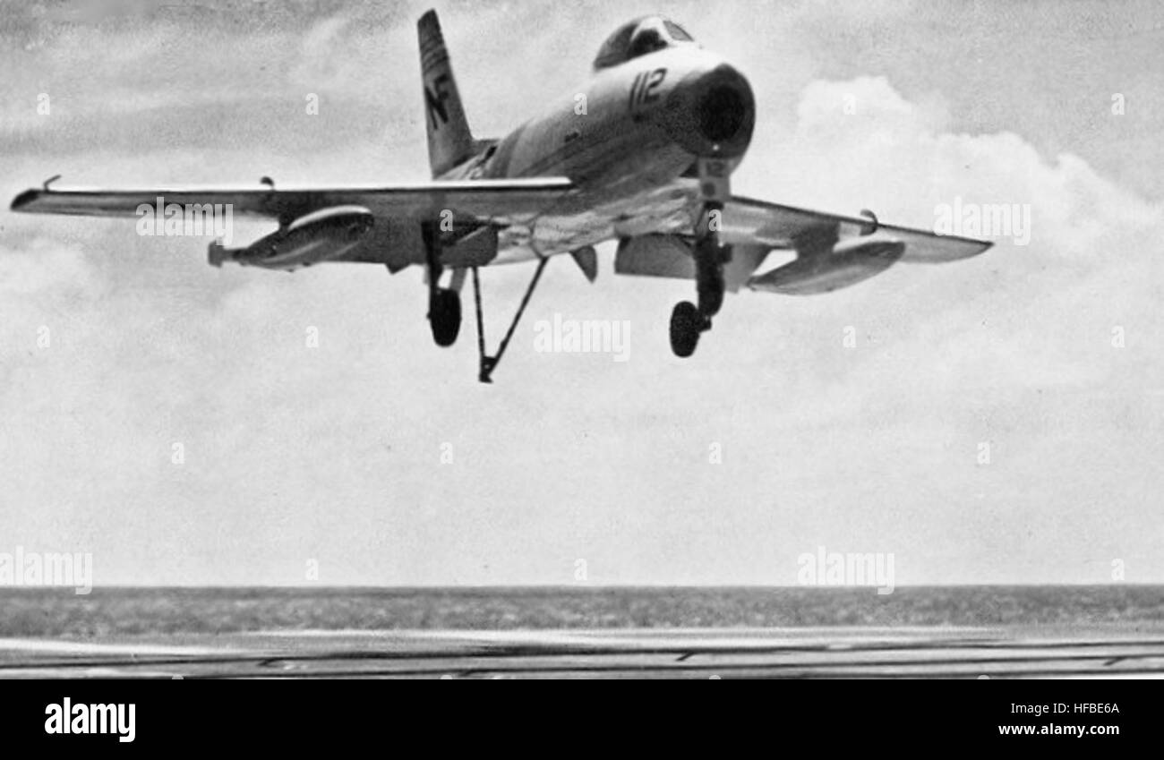 FJ-3 Fury VF-51 landing on USS Bon Homme Richard (CVA-31) 1957 Stock ...