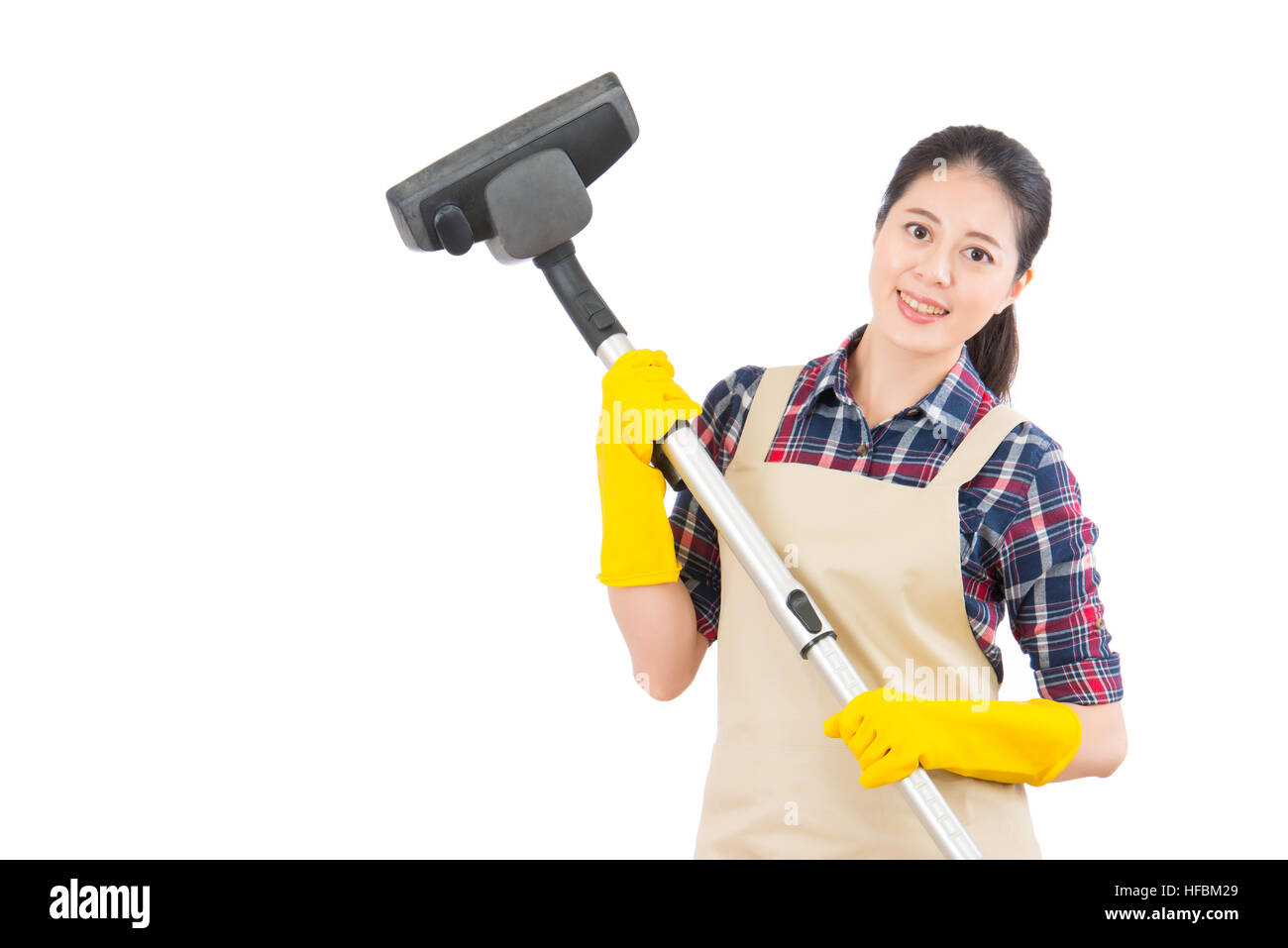 Woman holding vacuum cleaner for cleaning isolated white background ...