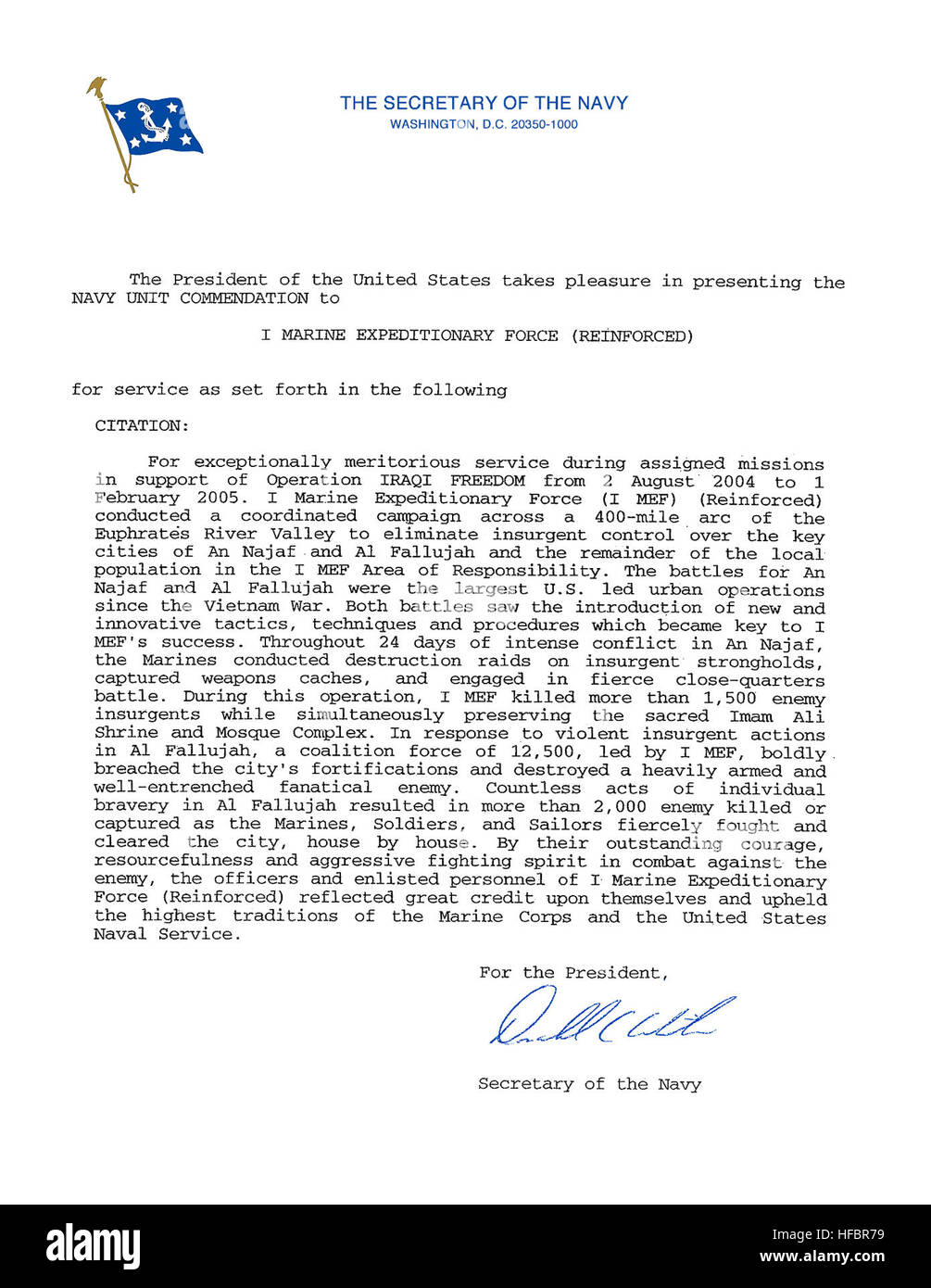 1st Marine Expeditionary Force (I MEF) Navy Unit Commendation Citation ...