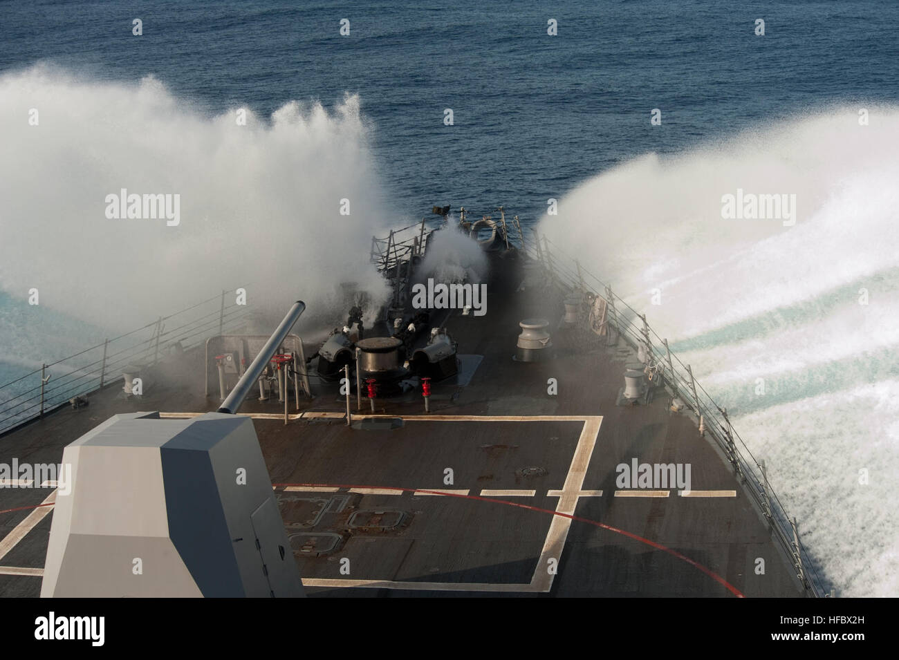 ARABIAN SEA (June 9, 2012) Waves crash onto the bow of guided-missile ...