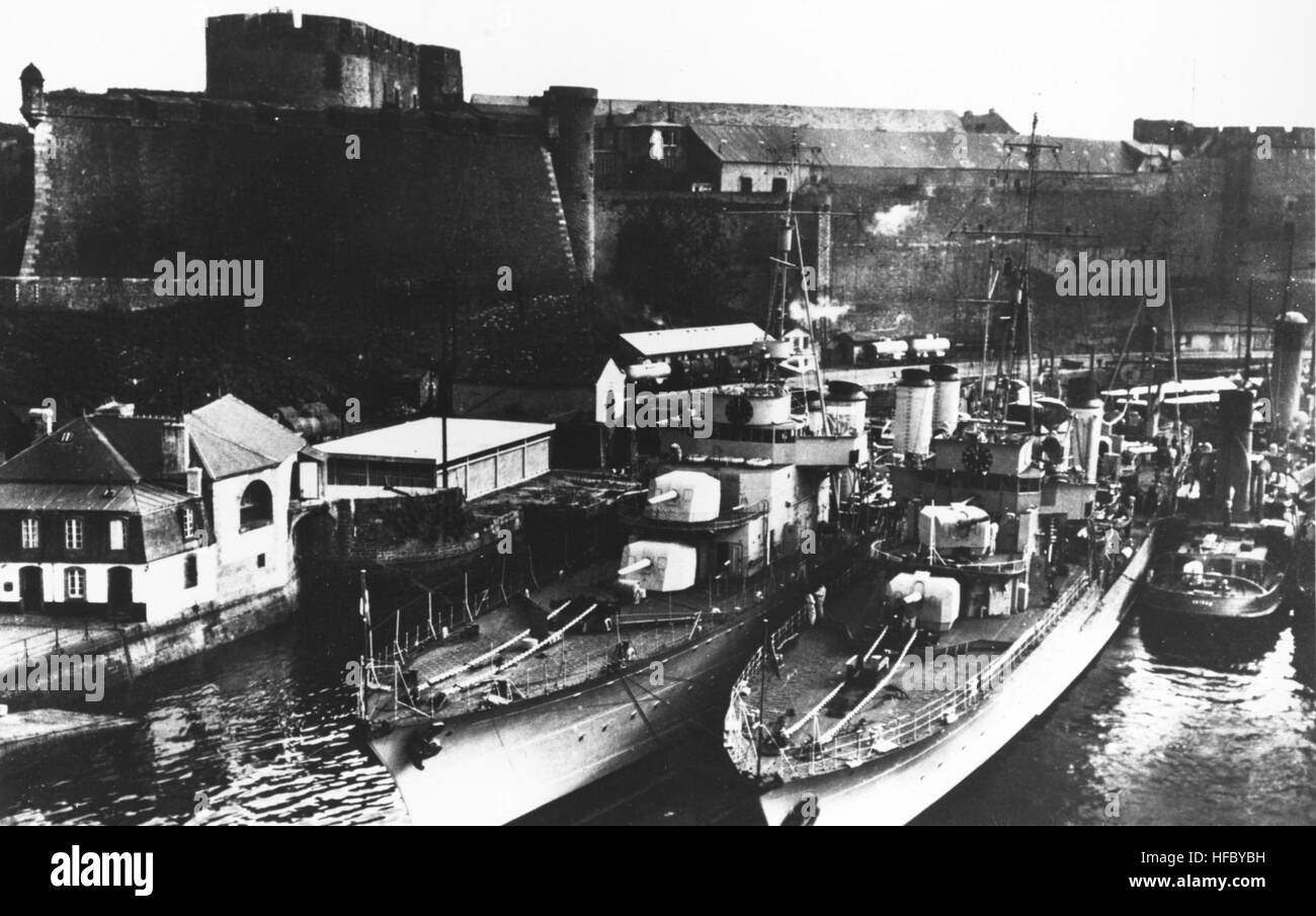 French destroyers Bison and Lynx are docked at Brest naval base circa ...