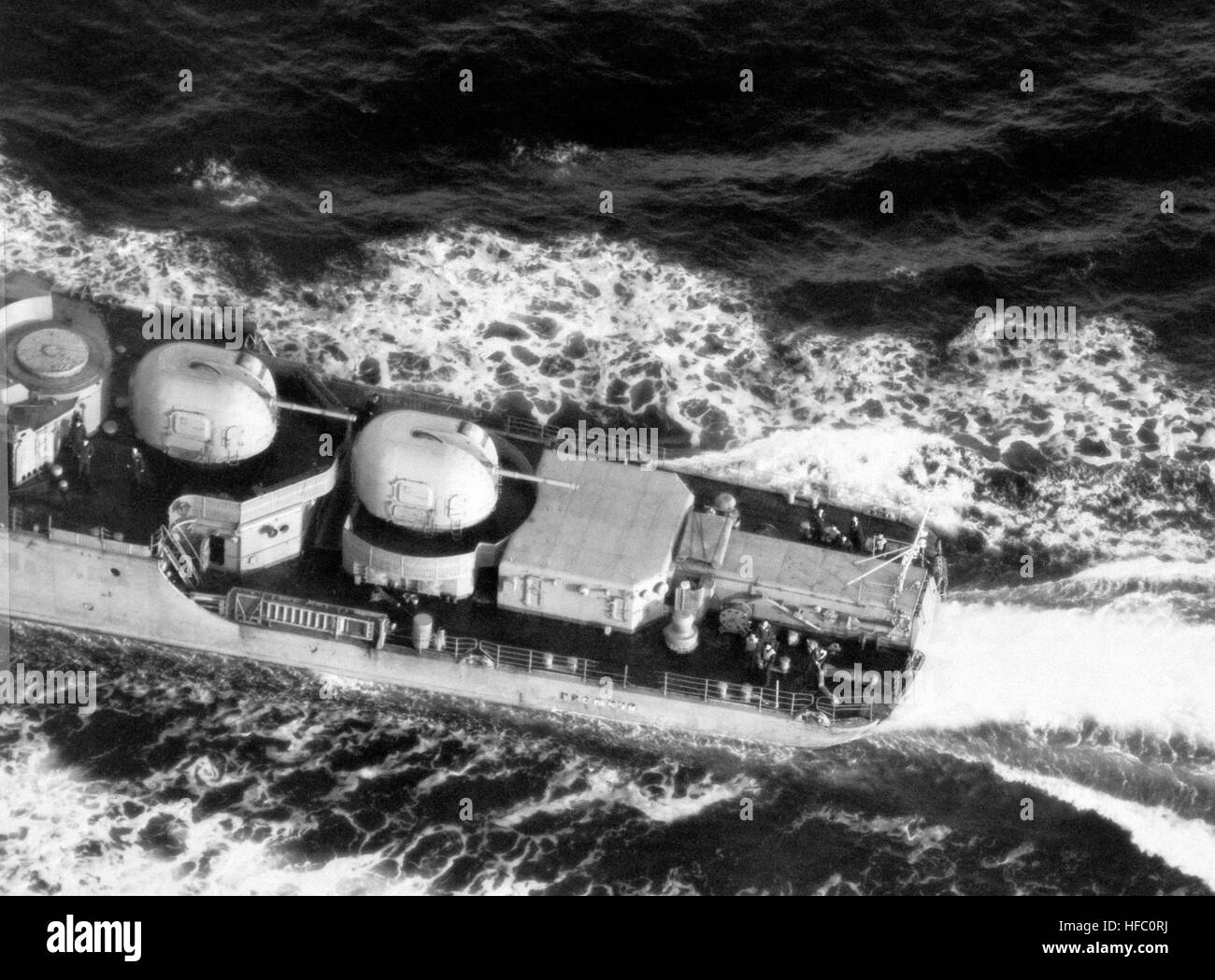 Aerial port view of the afterdeck of a Soviet Krivak II class guided ...
