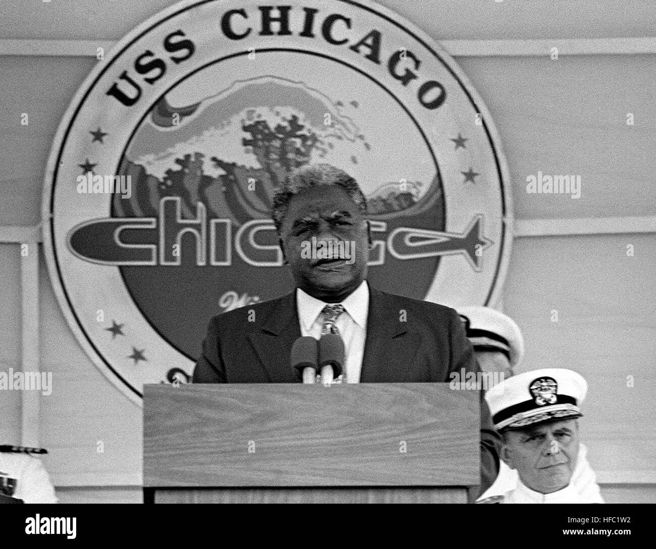 Chigago Mayor Harold Washington speaks during the commissioning of the ...