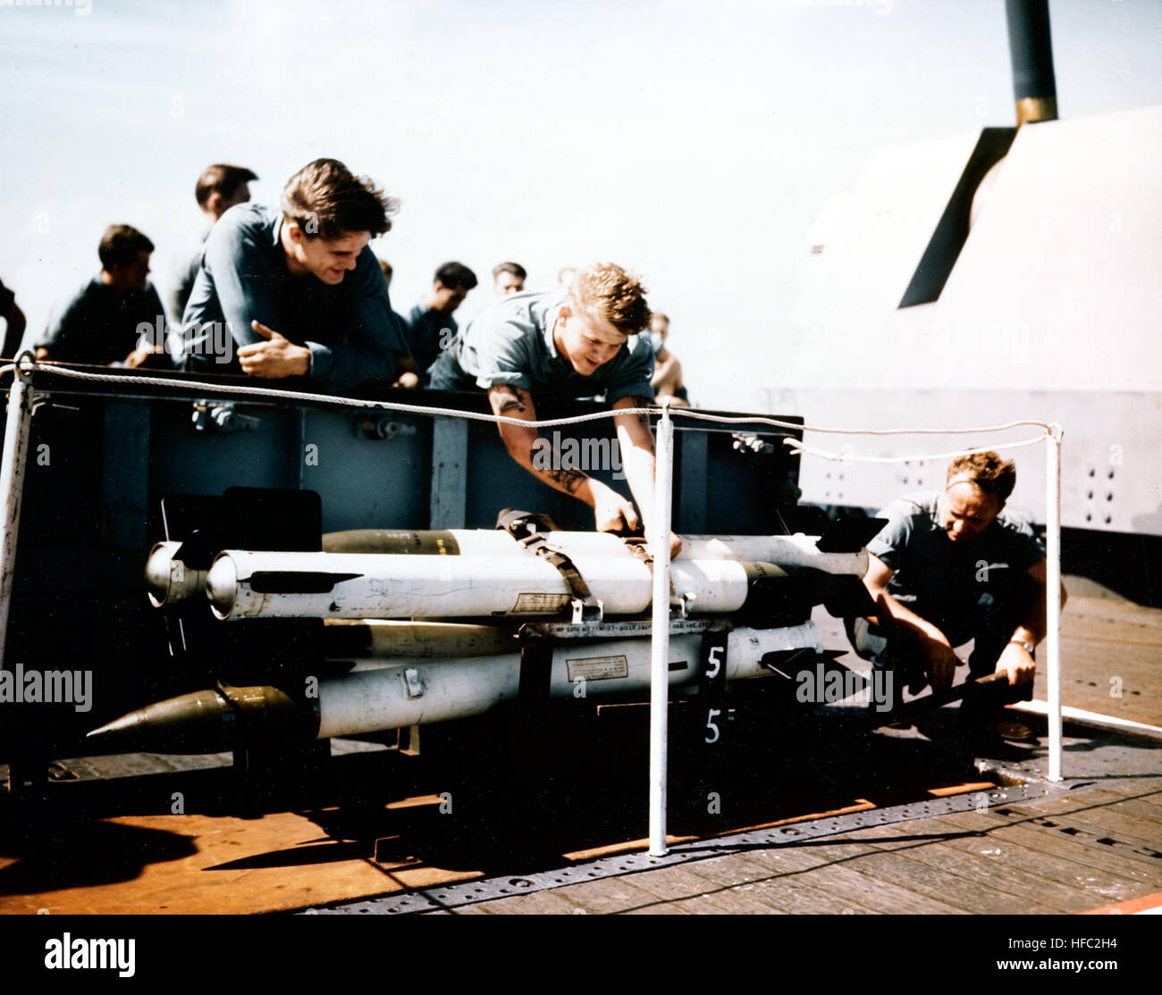 High-Velocity Aircraft Rockets (HVAR) on a US Navy aircraft carrier ...