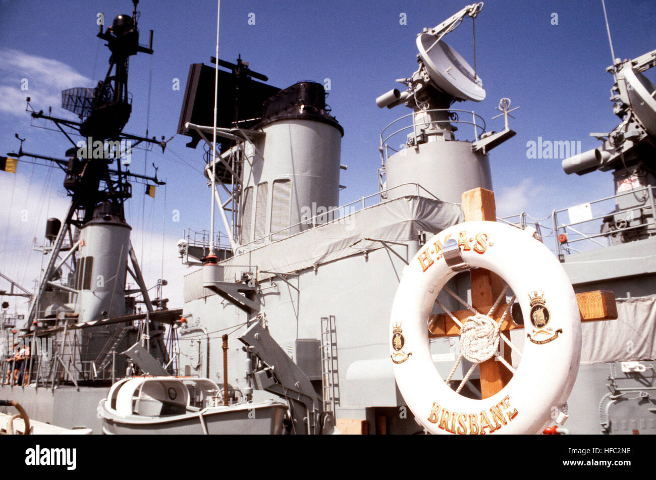 A view of the port side on the Australian destroyer HMAS BRISBANE (D 41 ...