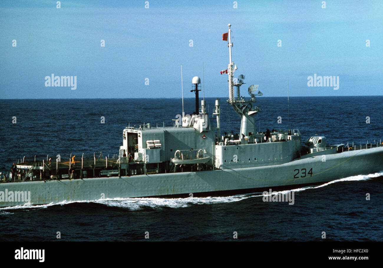 A starboard side view of the Canadian St. Laurent-class frigate ...